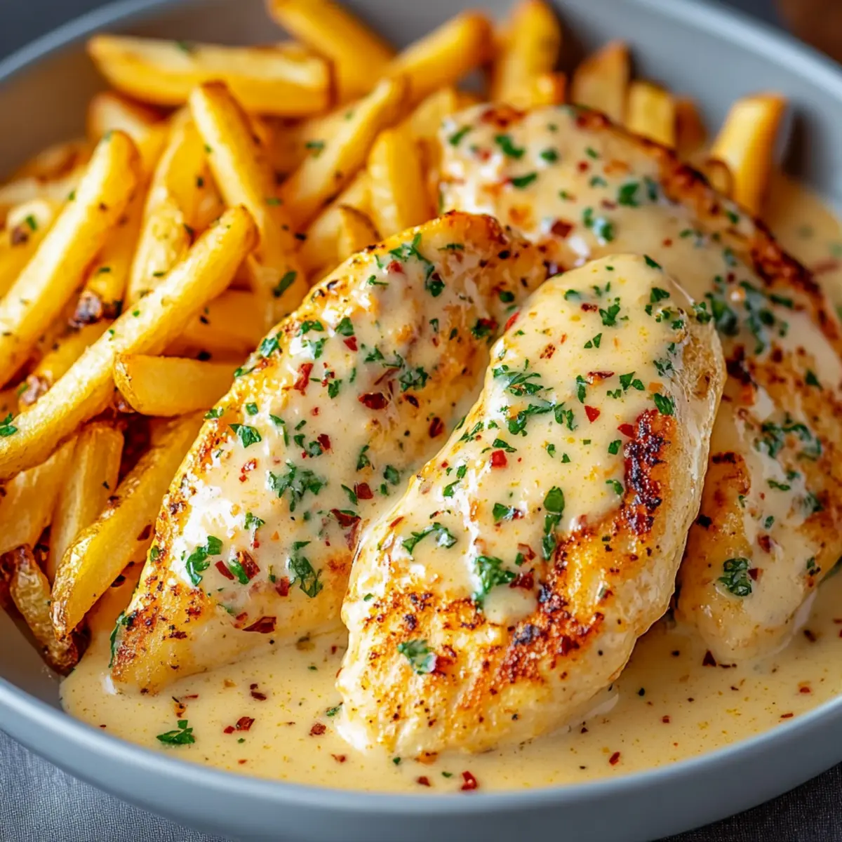 Irresistible Spicy Creamy Garlic-Parmesan Chicken & Fries